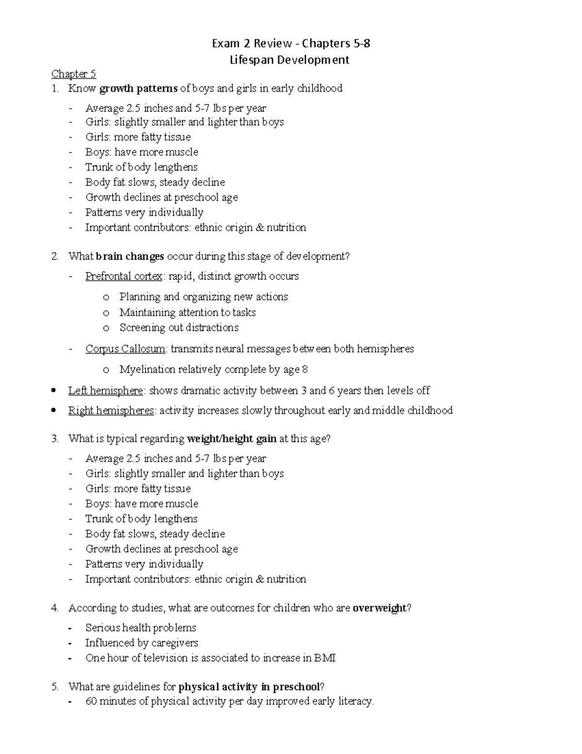Lifespan Exam 2 Study Guide - Chapters 5 to 8 Overview - Studocu