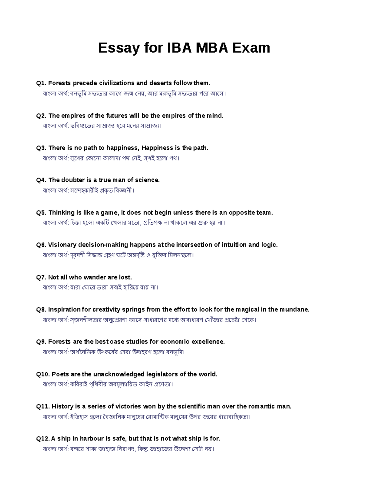 Essay Questions for IBA MBA Exam: Q1-Q76 Analysis - Studocu