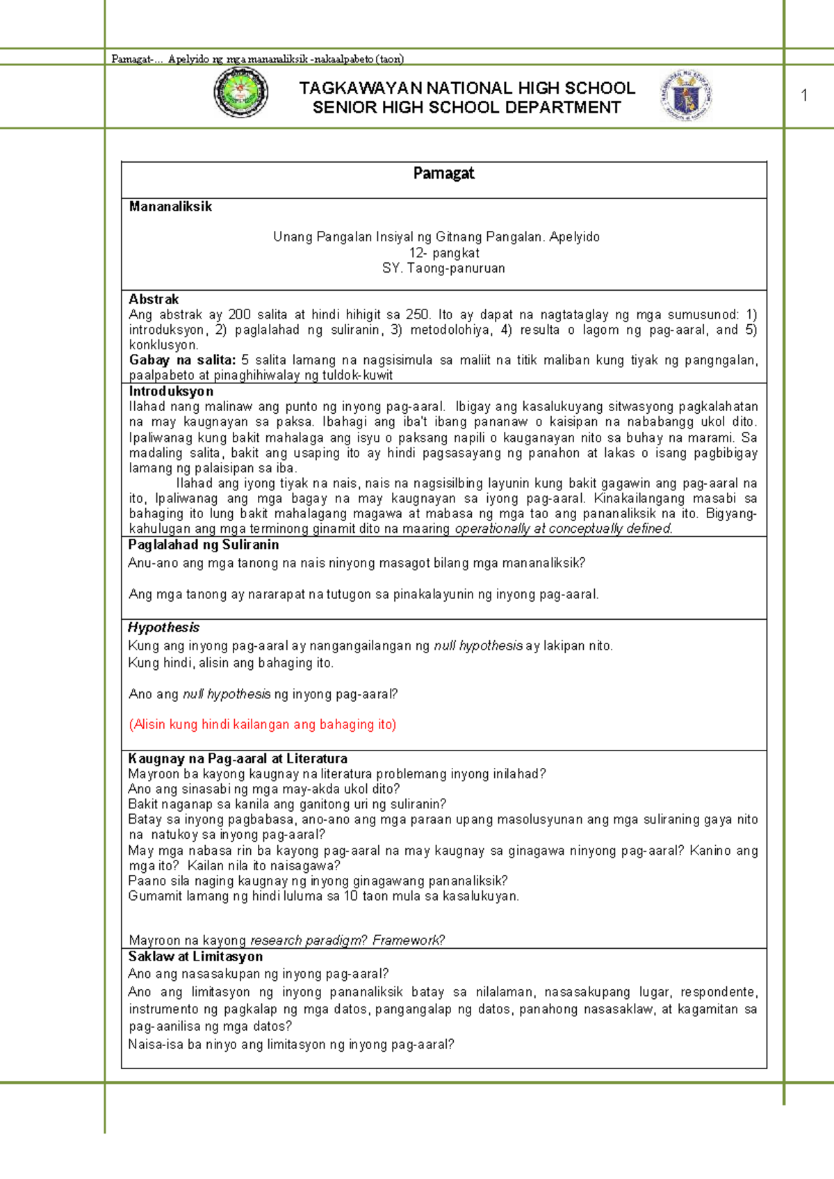 IMRAD Format para sa Pananaliksik sa TAGKAWAYAN NATIONAL HIGH SCHOOL ...