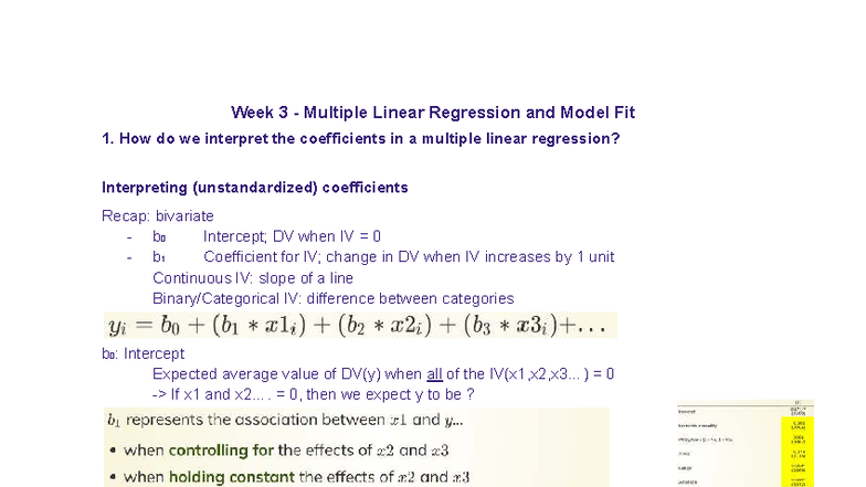 Statistics II - Week 3: Multiple Linear Regression & Model Fit - Studeersnel