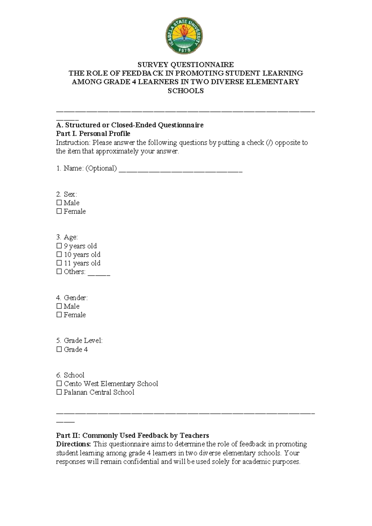 Survey questionnaire on the role of feedback in grade 4 learning - Studocu