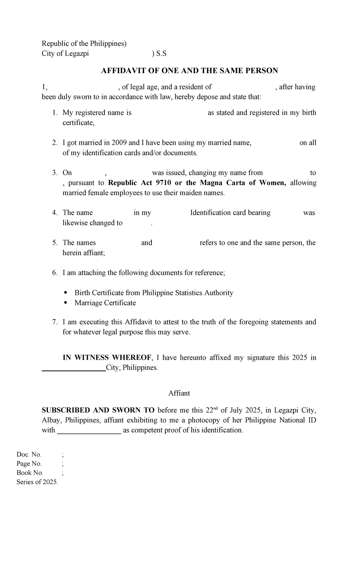 Affidavit of One and the Same Person - Sample Draft - Studocu