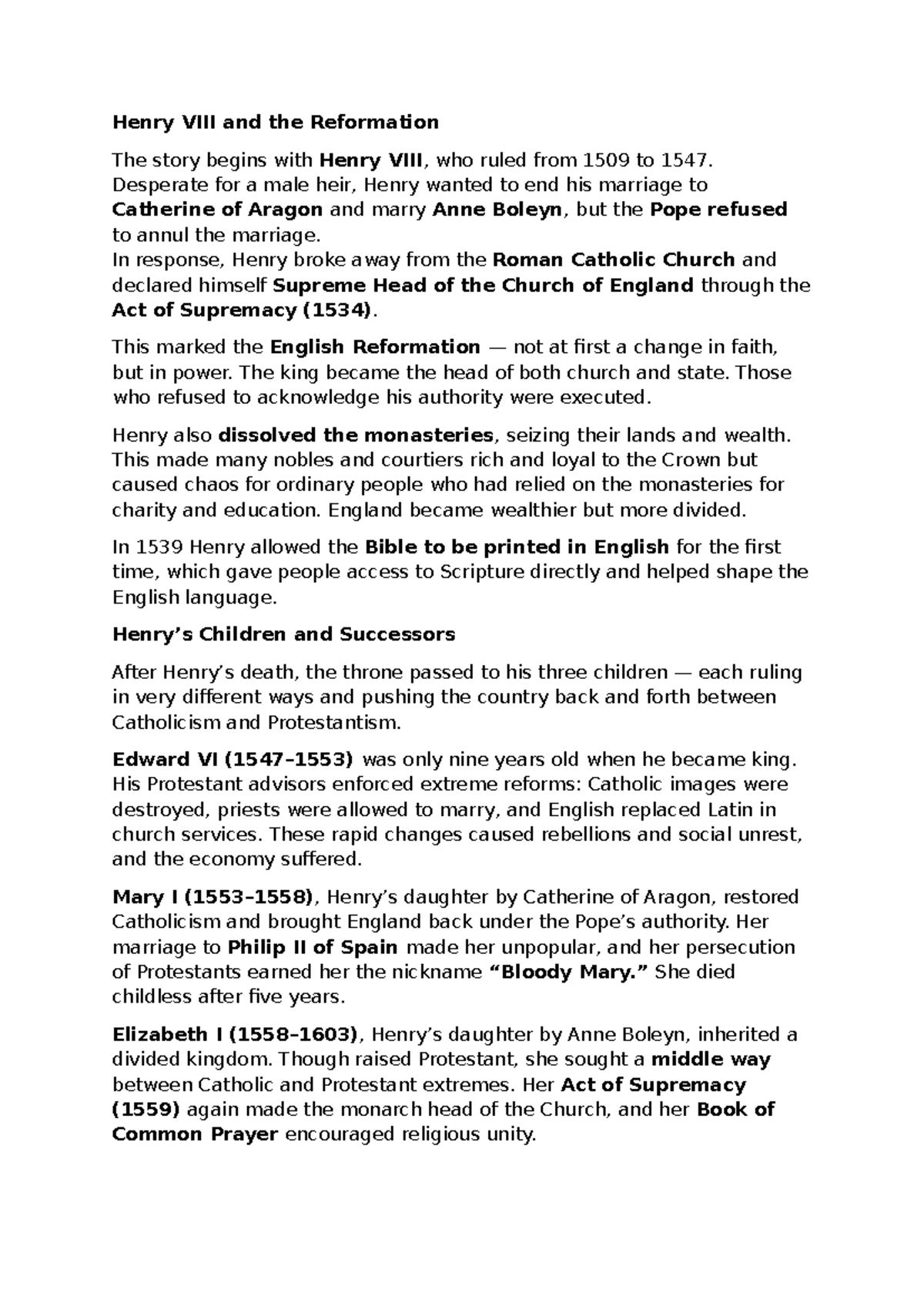 Henry VIII and the English Reformation: A Summary (ENG 101) - Studeersnel