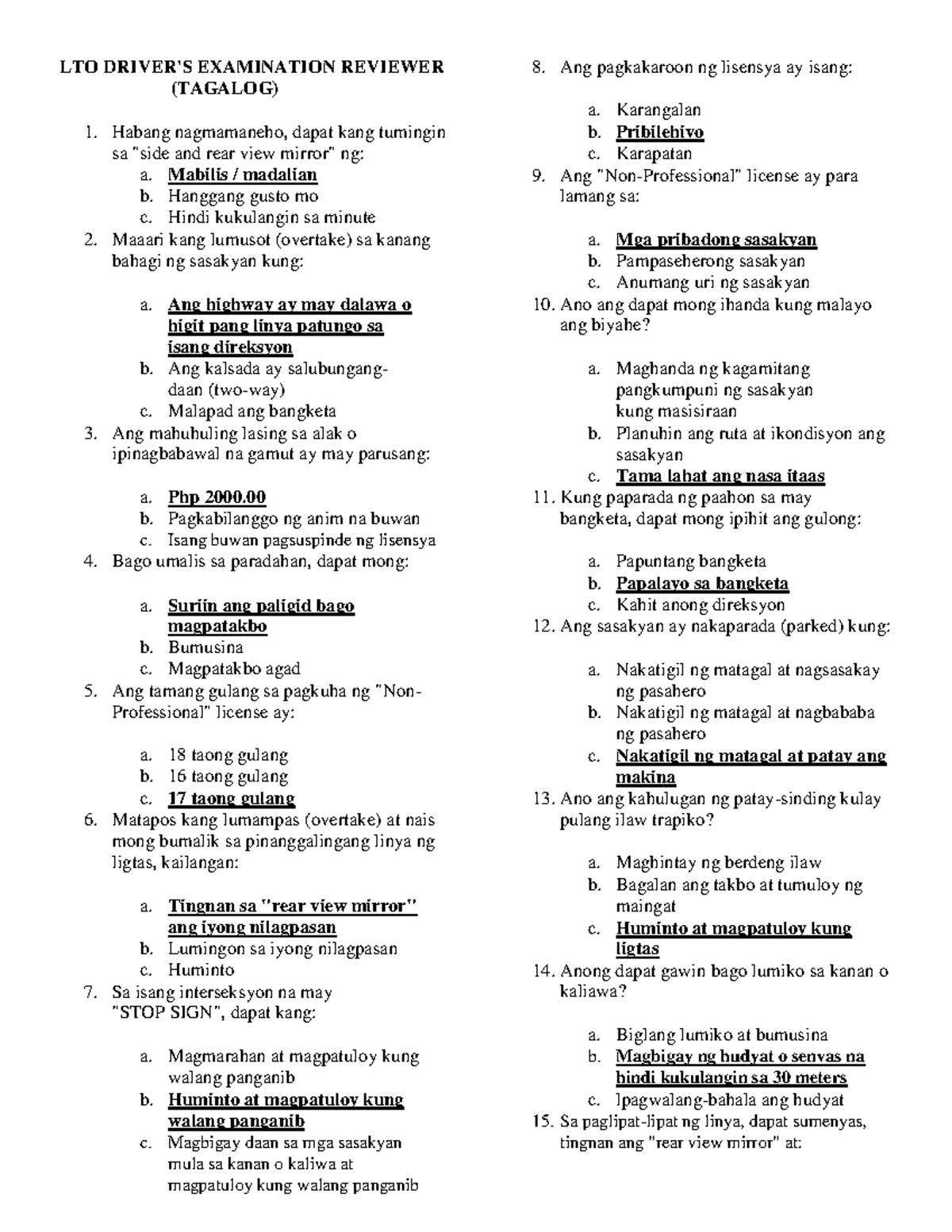 LTO EXAMINATION REVIEWER: Comprehensive Guide in Tagalog and English ...