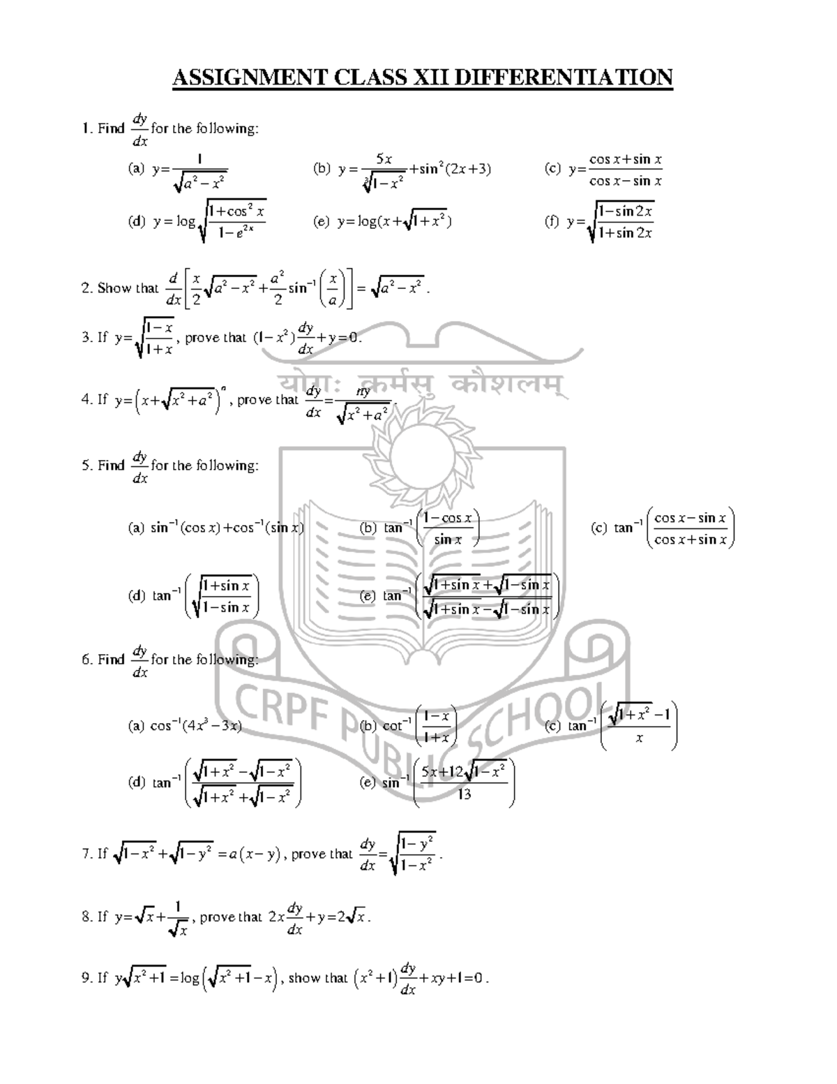 CLASS XII ASSIGNMENT ON DIFFERENTIATION - Studocu
