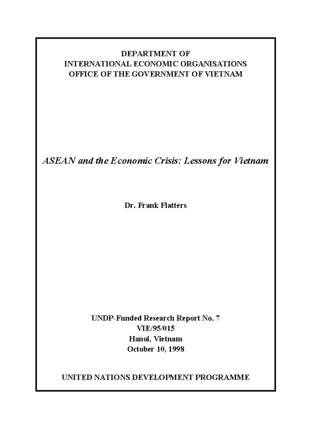 ASEAN and the Economic Crisis: Insights for Vietnam (Research Report No ...