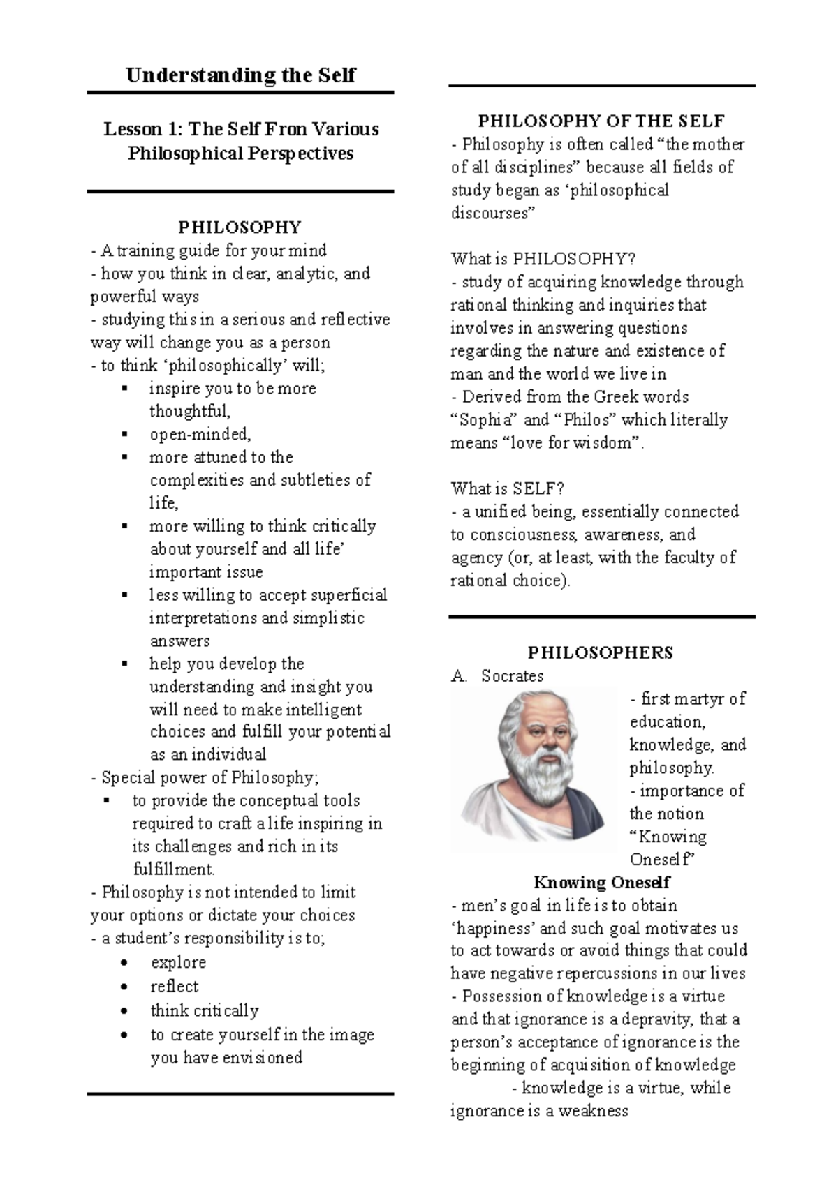 Notes–Understanding the Self - Understanding the Self Lesson 1: The ...