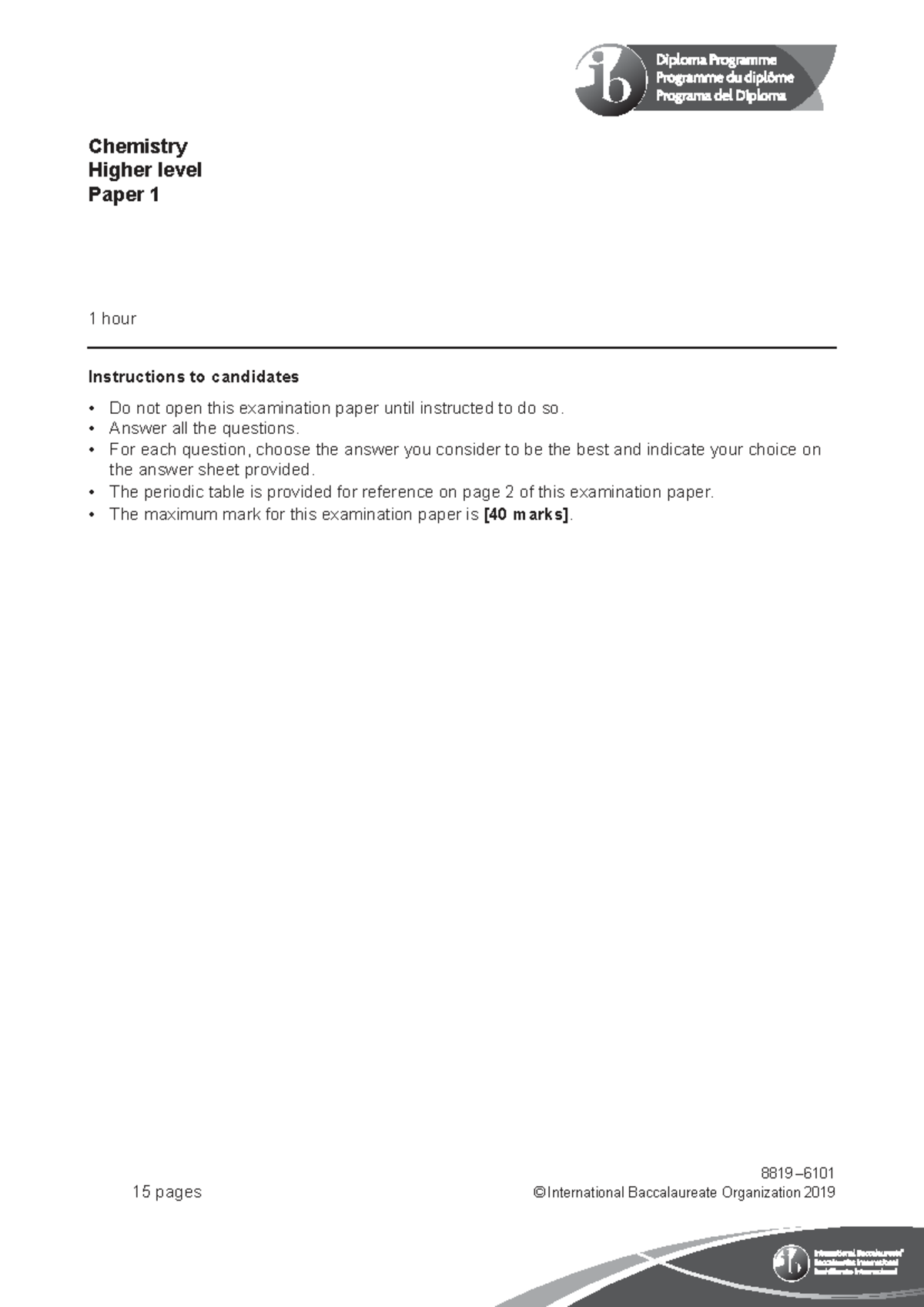 Chemistry HL Paper 1 - IBDP Exam Instructions and Questions - Studocu ...