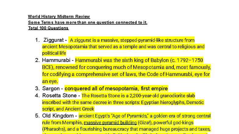World History Midterm Review: Key Terms & Concepts (100 Questions ...