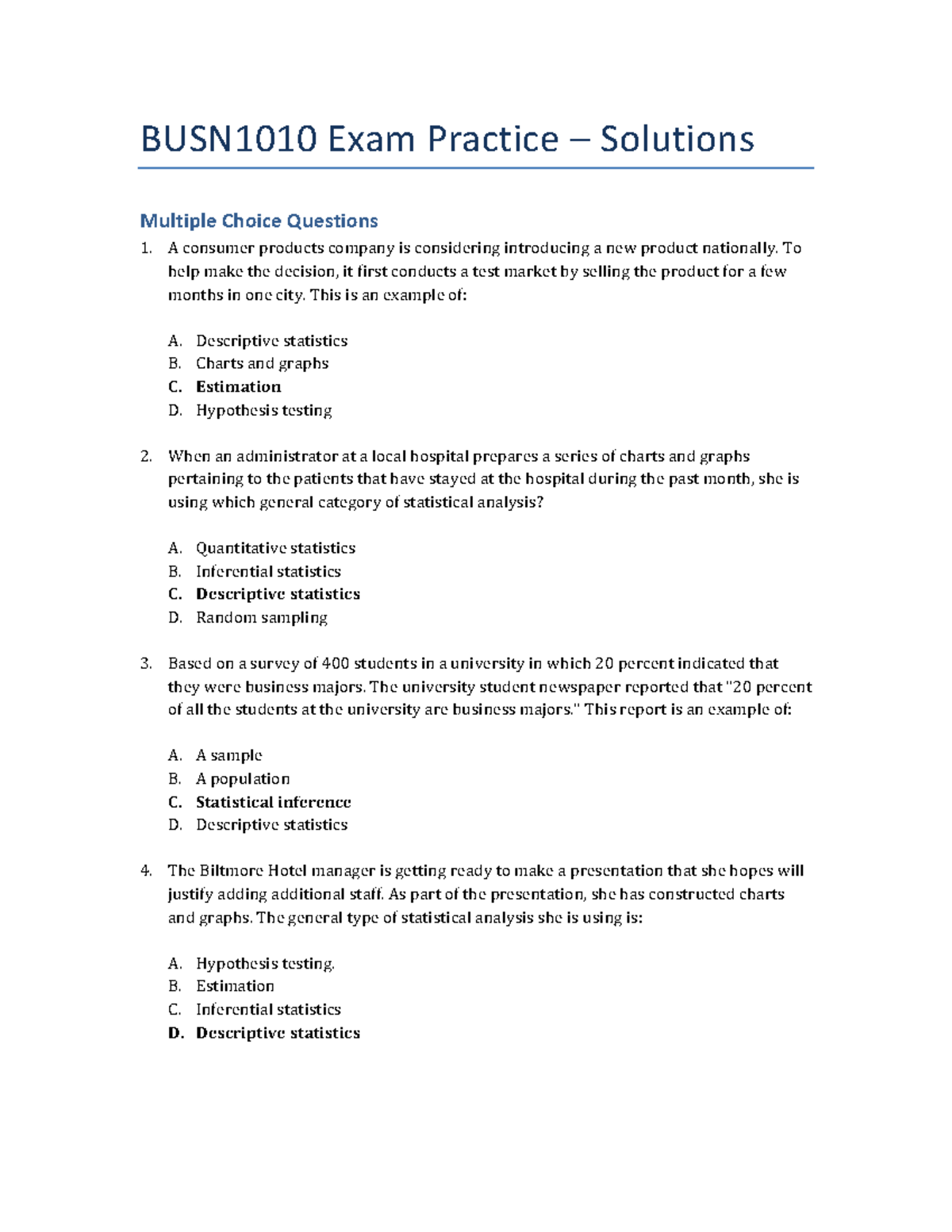 BUSN1010 Practice Exam Solutions: Multiple Choice & Short Answers - Studocu