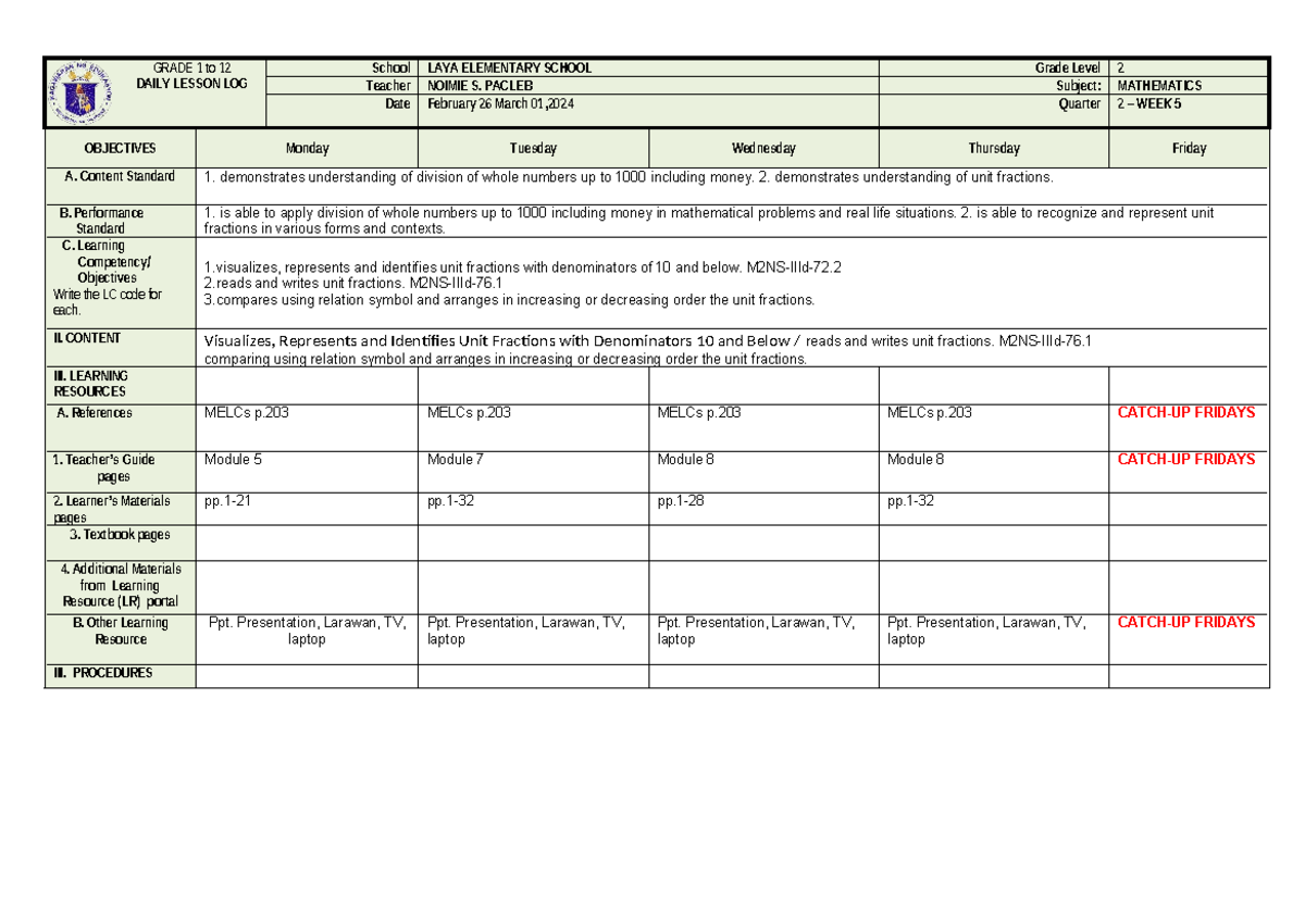 DLL-Math 2 Q2 Week 5 Daily Lesson Log on Unit Fractions - Studocu