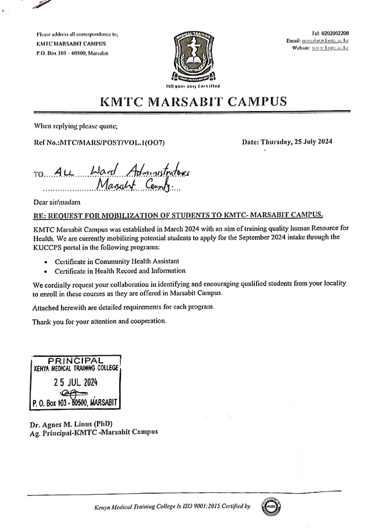 KMTC Marsabit - Student Mobilization for Sept 2024 Intake - Studocu