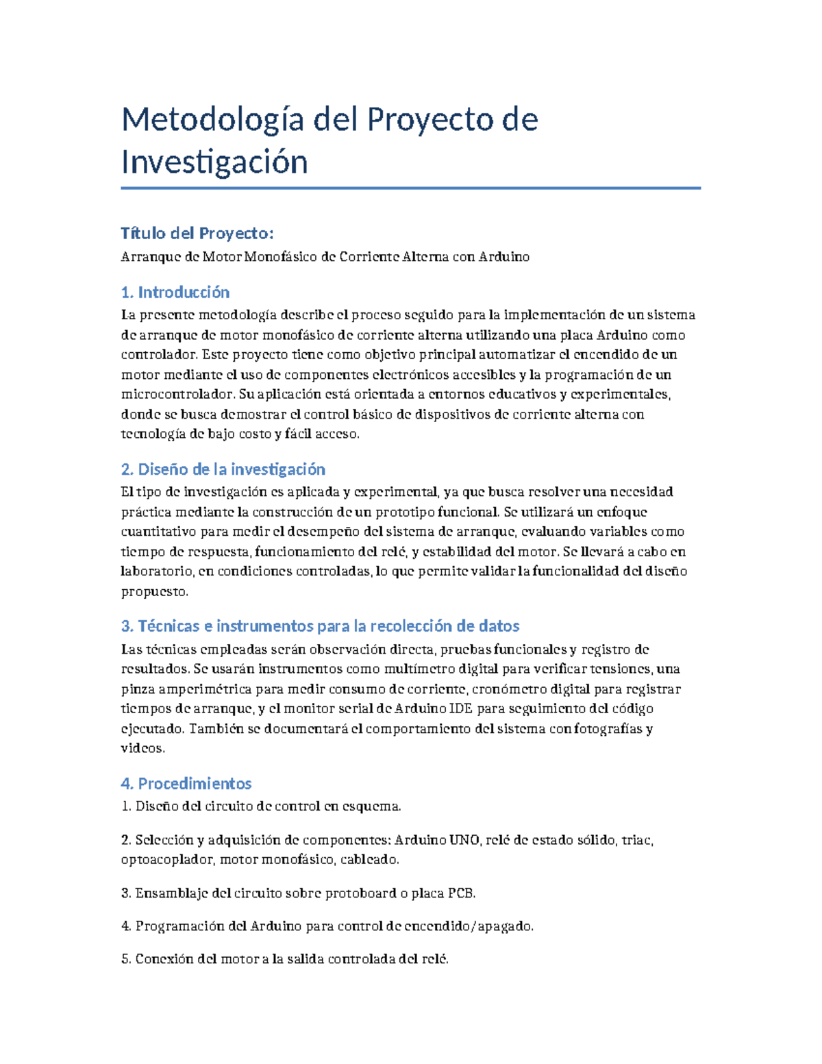 Metodología del Proyecto: Arranque de Motor Monofásico con Arduino ...