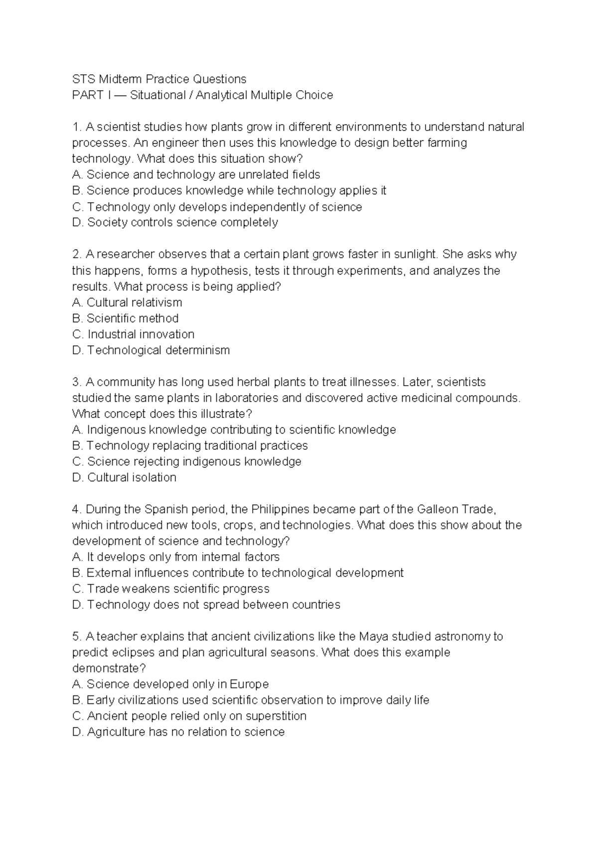 STS-MOCK Midterm Practice Questions: Situational Analysis & MCQs - Studocu