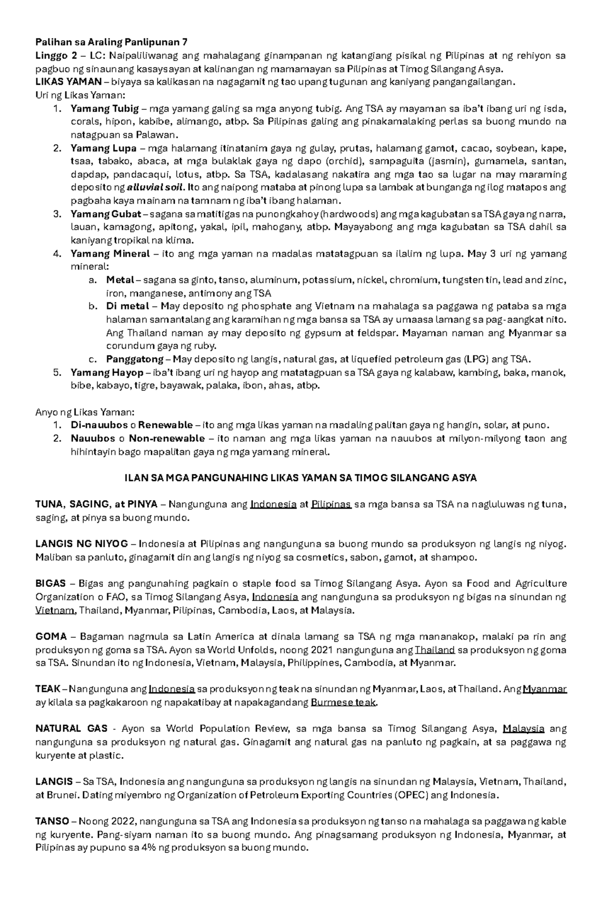 Q1 W2 Palihan sa Araling Panlipunan 7: Likas Yaman ng Timog Silangang Asya - Studocu