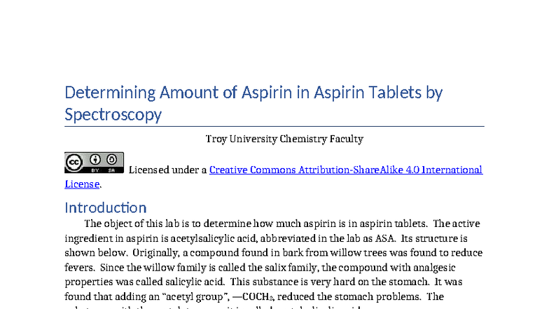 Spectroscopic Determination of Aspirin in Tablets - Lab Report (CHEM ...