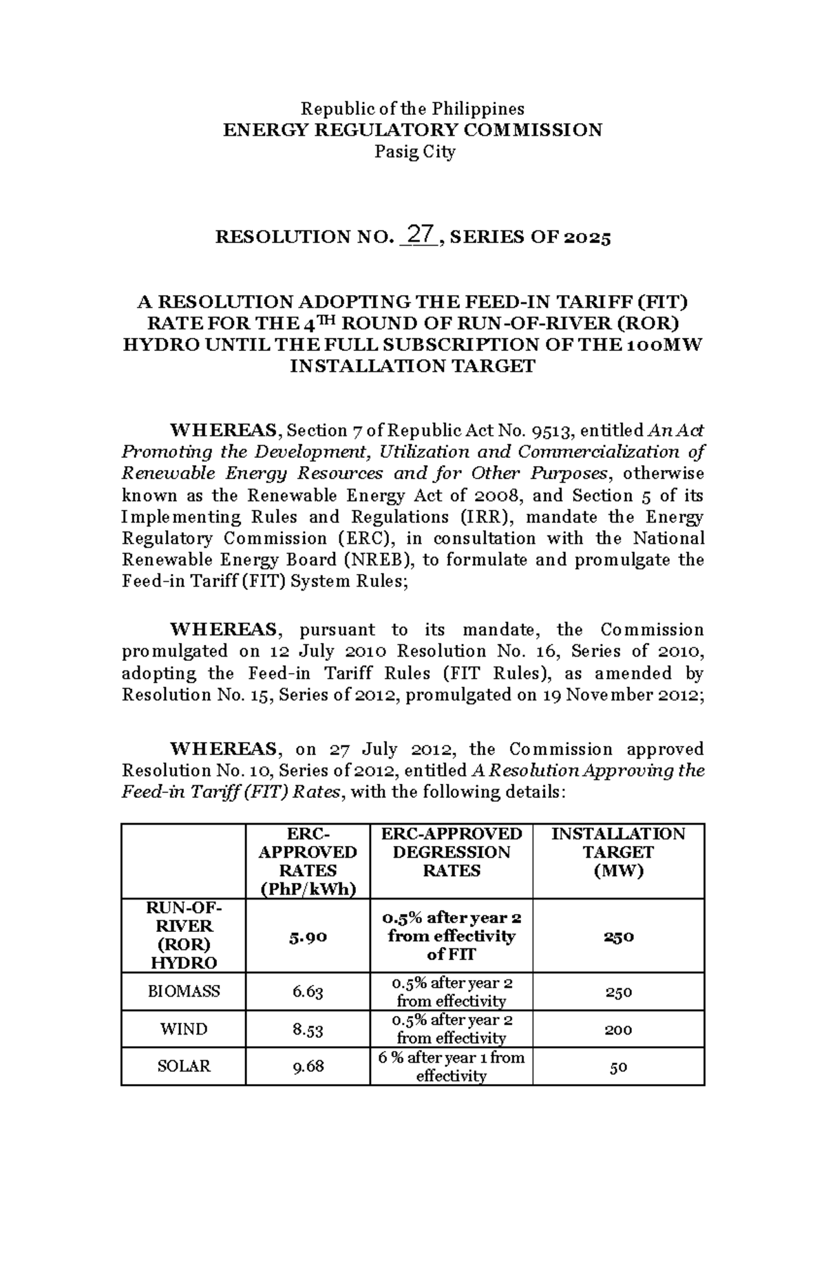Resolution No. 27 Series of 2025: Adopting FIT Rates for 4th Round ROR ...