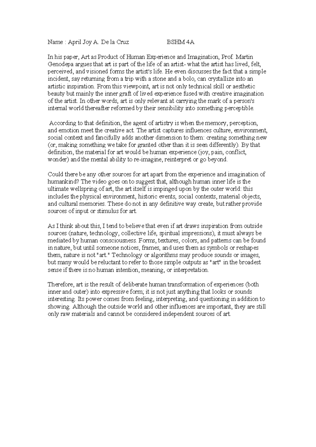 Art as a Product of Human Experience - BSHM 4A Activity - Studocu