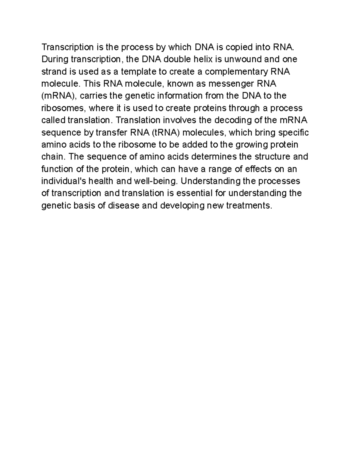AP Biology Transcription and Translation Notes - Transcription is the ...