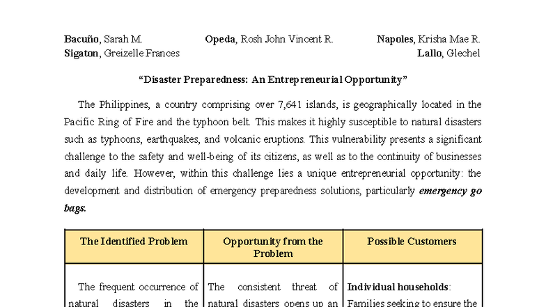 Group 6 Entrep Project: Emergency Preparedness Solutions in the ...