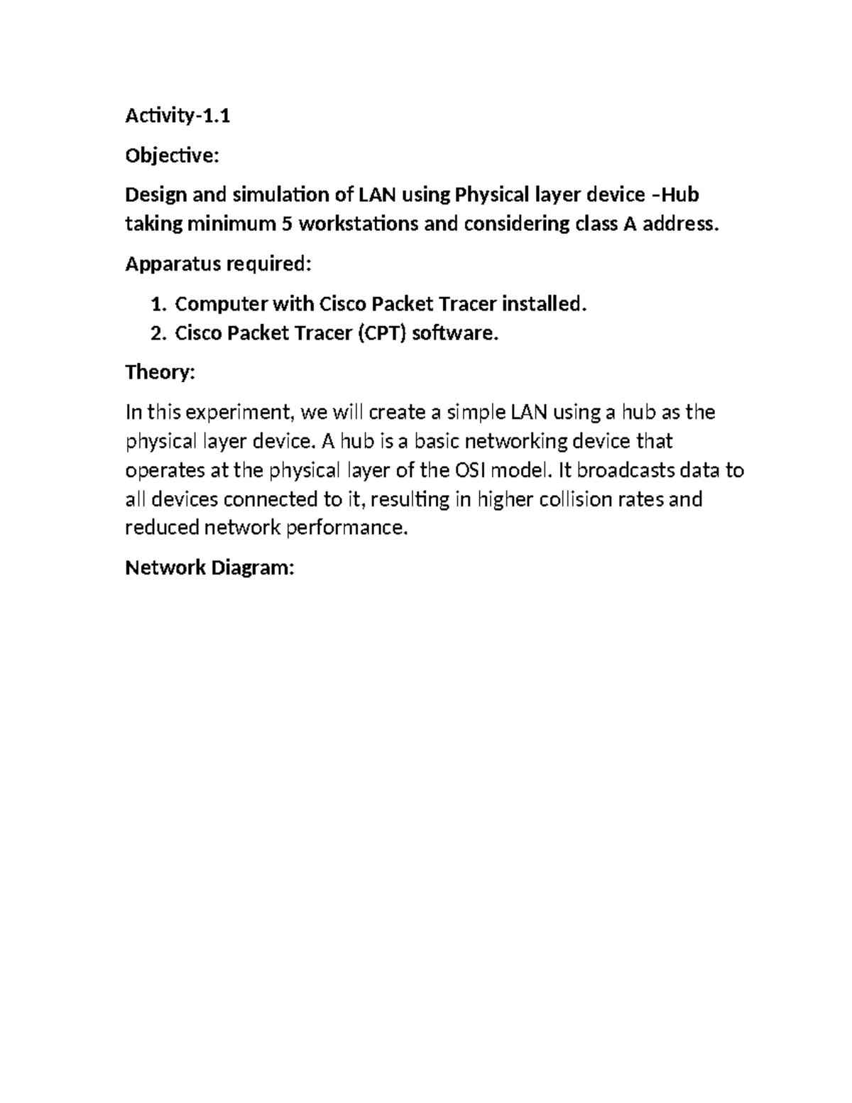 COMPUTER NETWORK Activity: LAN Design & Simulation Using Hub & Bridge ...