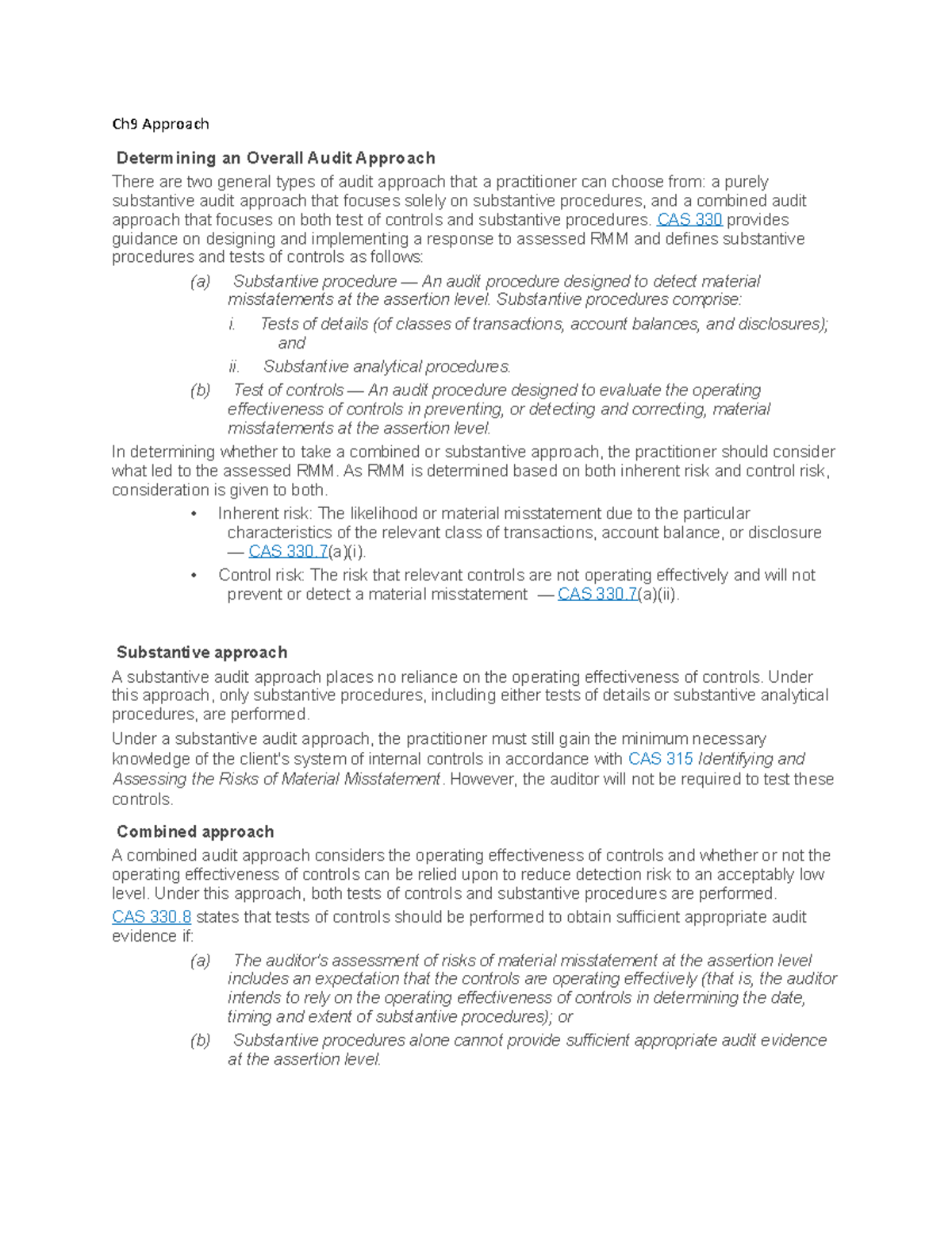 Ch9 Audit Approach: Substantive vs Combined Methods Explained - Studocu