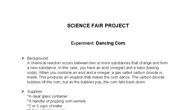SCIENCE FAIR PROJECT: Dancing Corn Experiment - Studocu