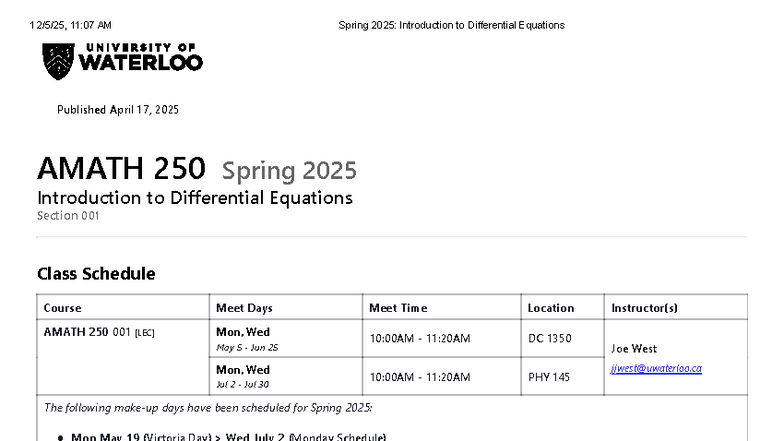 AMATH 250 Spring 2025 Class Schedule: Intro to Differential Equations ...
