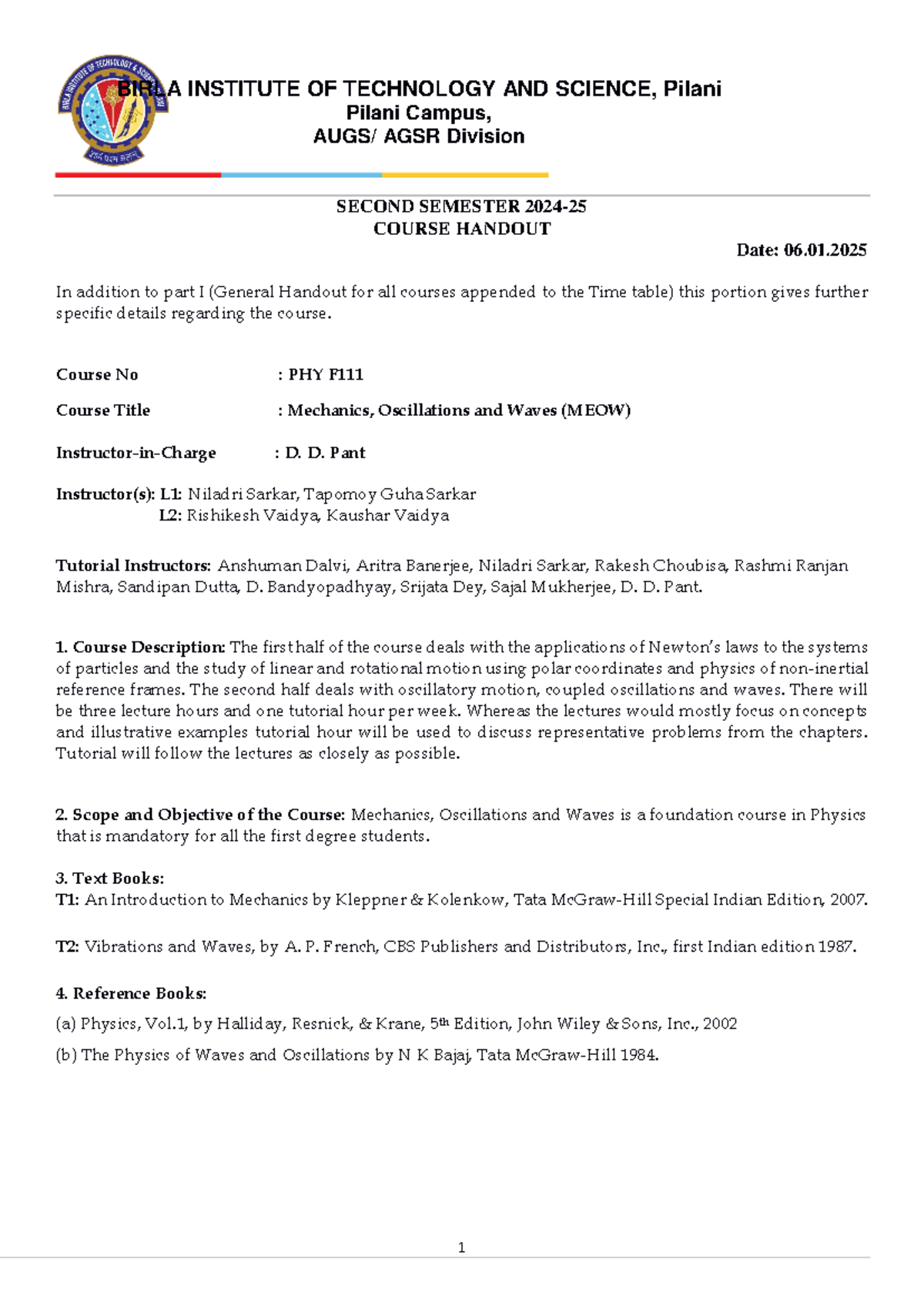 PHY Mechanics, Oscillations & Waves Course Handout 2024-25 - Studocu