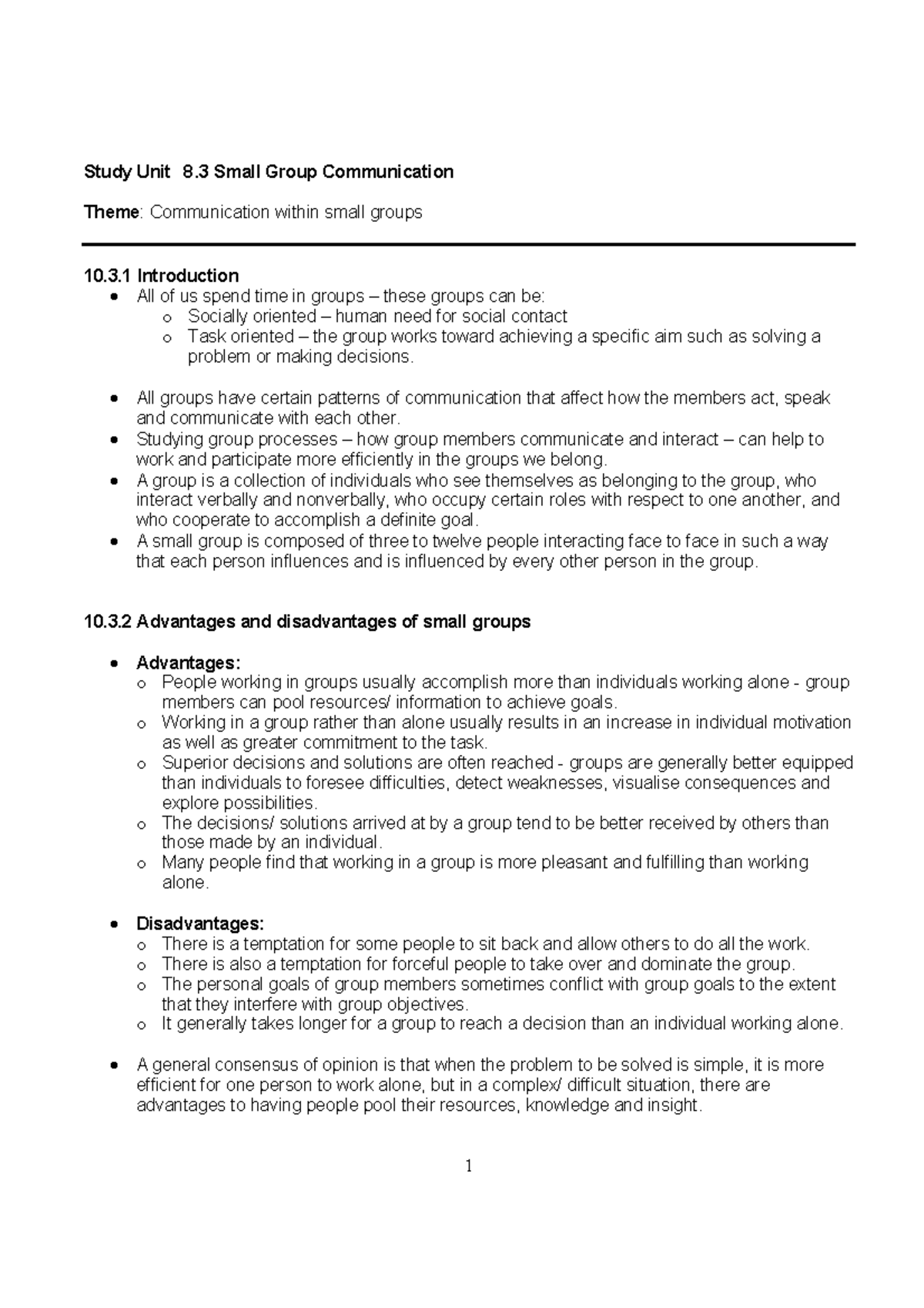 Study Unit 10.3: Effective Communication in Small Group Dynamics - Studocu