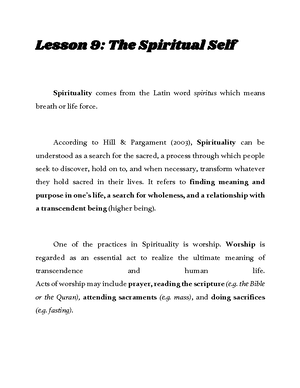 Module 9 THE Spiritual SELF - GE 1- UNDERSTANDING THE SELF I. Lesson: The Spiritual Self II ...