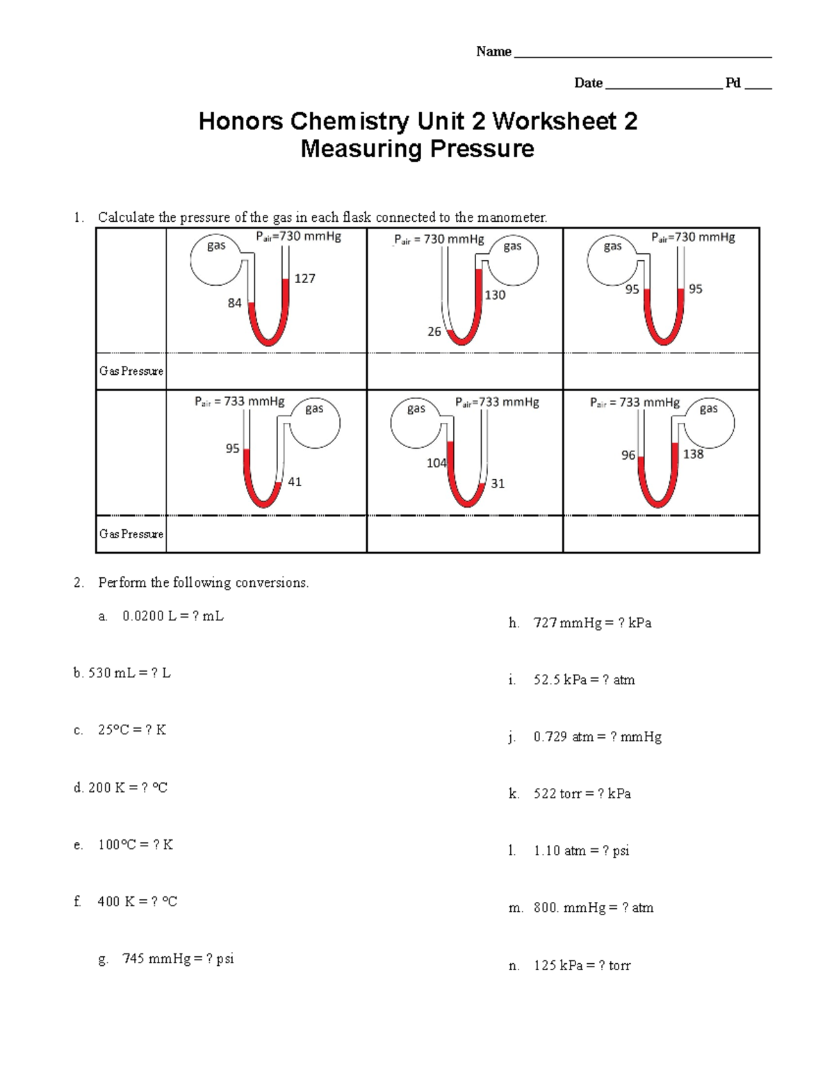 04b Worksheet 2 - Measuring Pressure and Pressure Conversions - Name ...