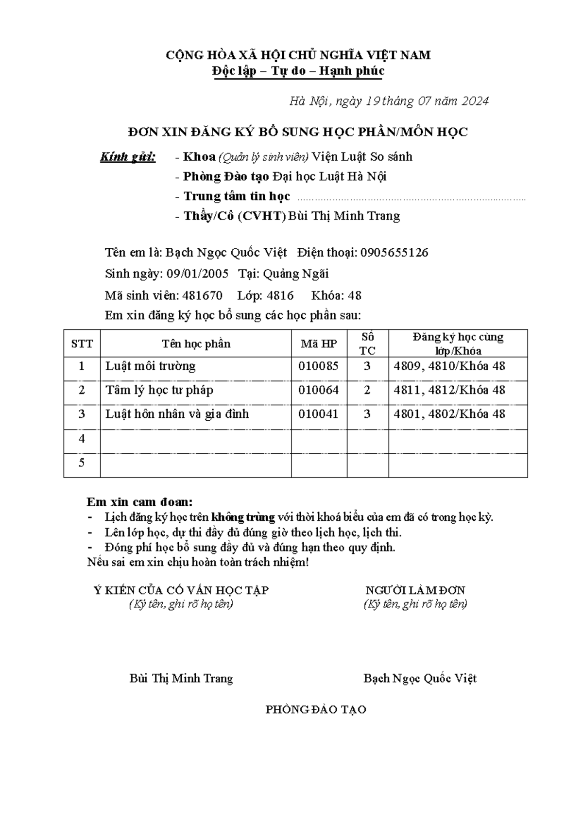 Đơn xin đăng ký bổ sung học phần - lớp 4816, khóa 48 - Studocu