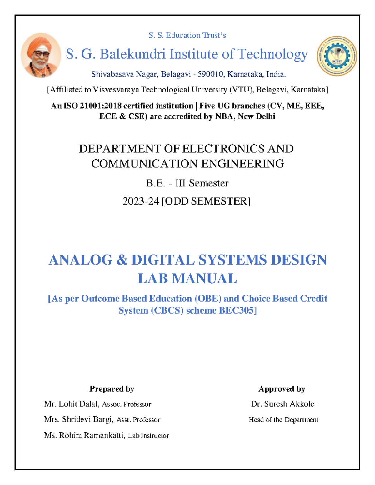 Analog & Digital Systems Design Lab Manual (BEC305) - 2023-24 - Studocu