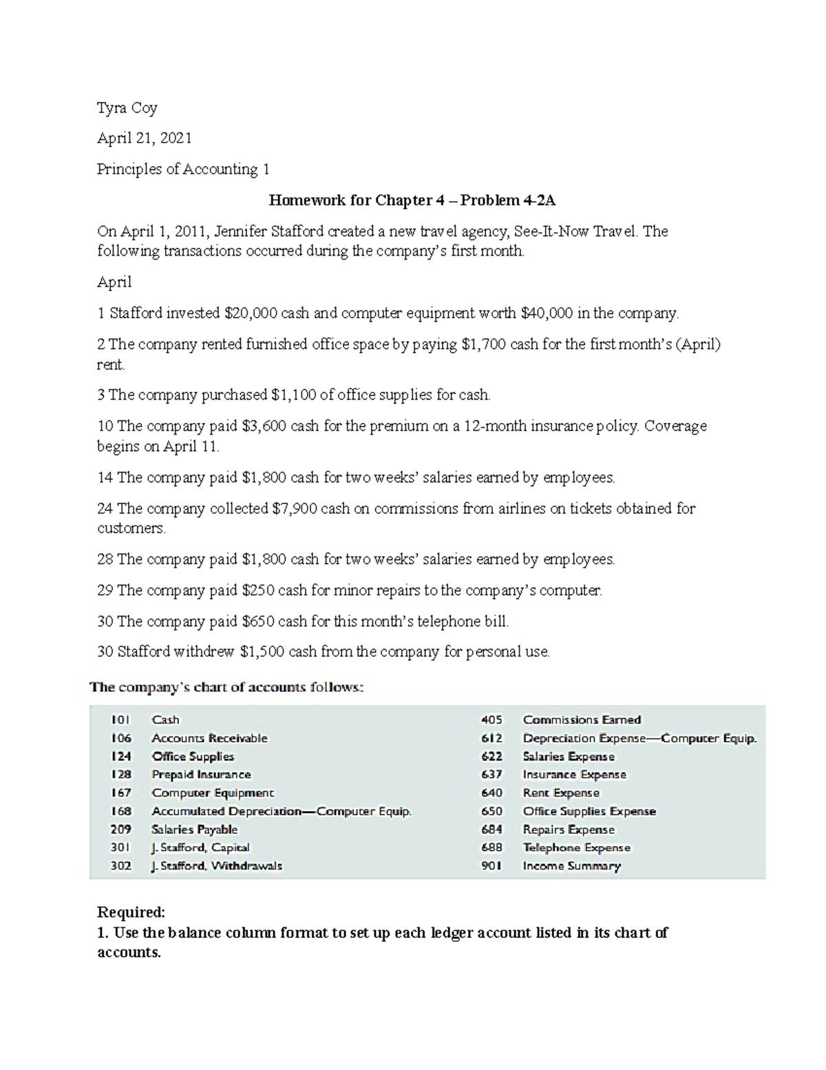 Accounting problem 4-2A - Tyra Coy April 21, 2021 Principles of ...