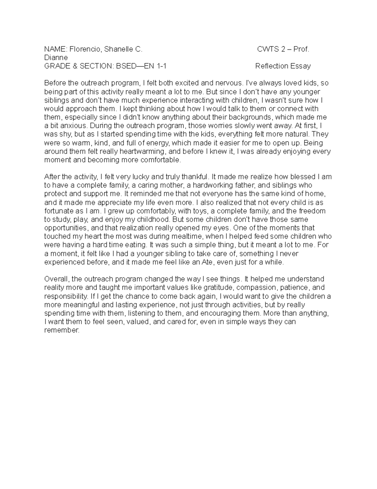 CWTS 2 Reflection Essay: Insights from the Outreach Program - Studocu