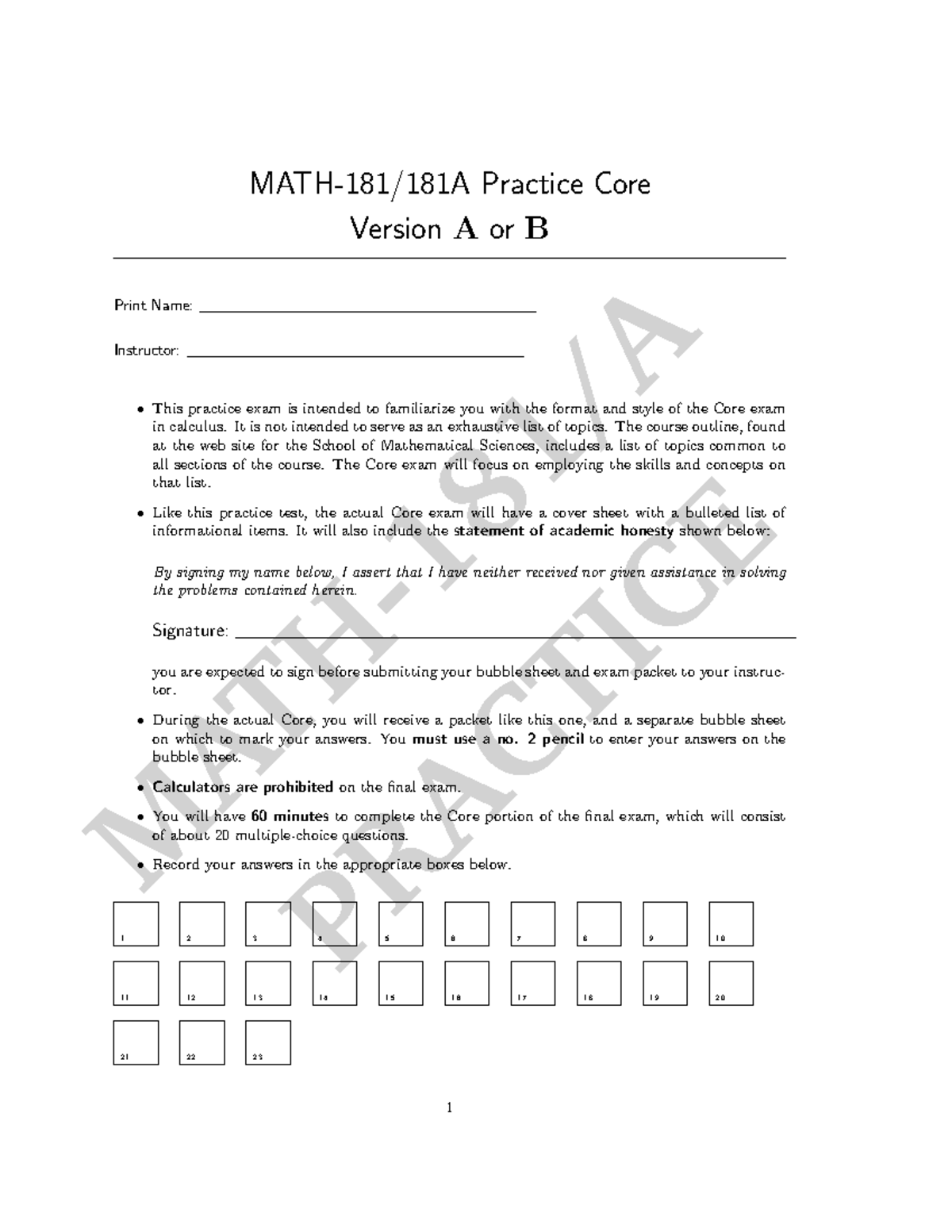181-Practice Core - Multiple choice practice core exam. - MATH-181/A ...