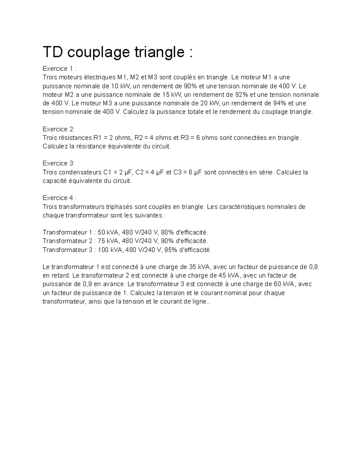 TD Couplage Triangle avec Corrections des Exercices et Calculs - Studocu