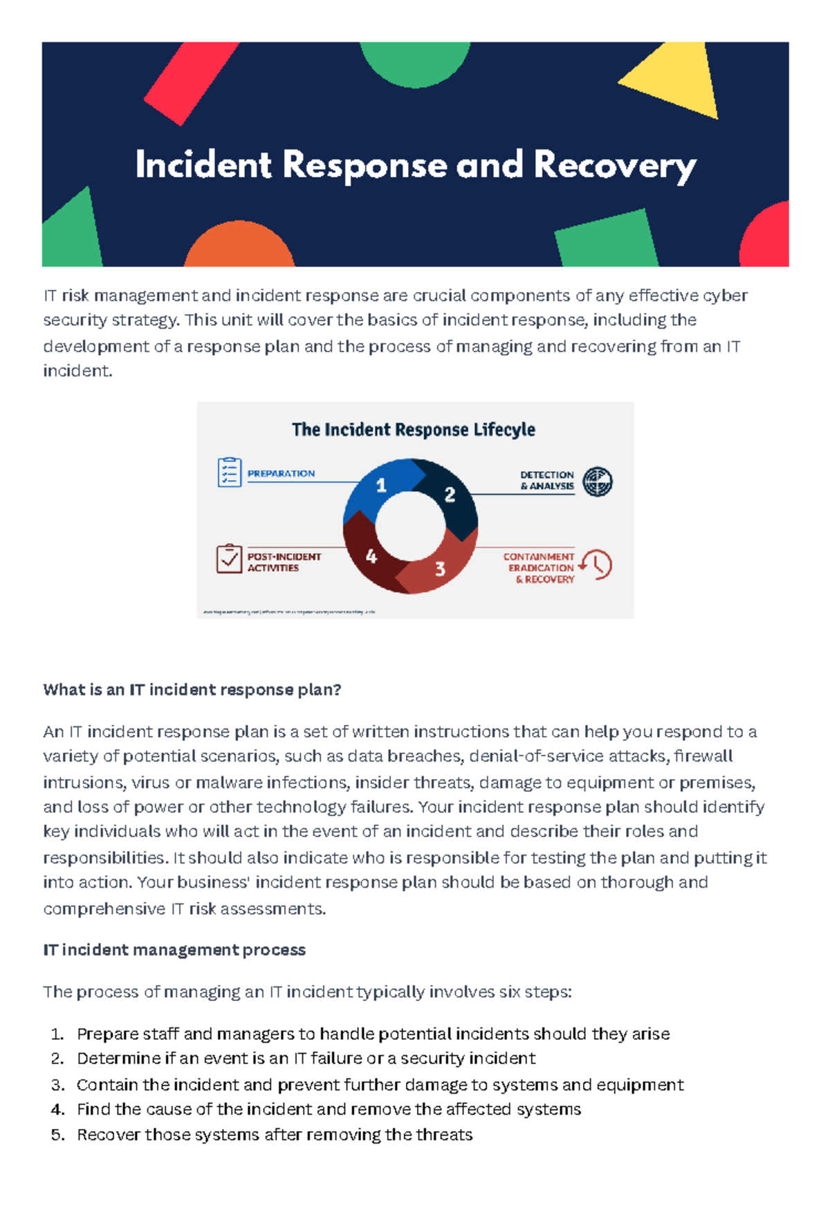 IT Risk Management: Incident Response & Recovery Guide - Studocu