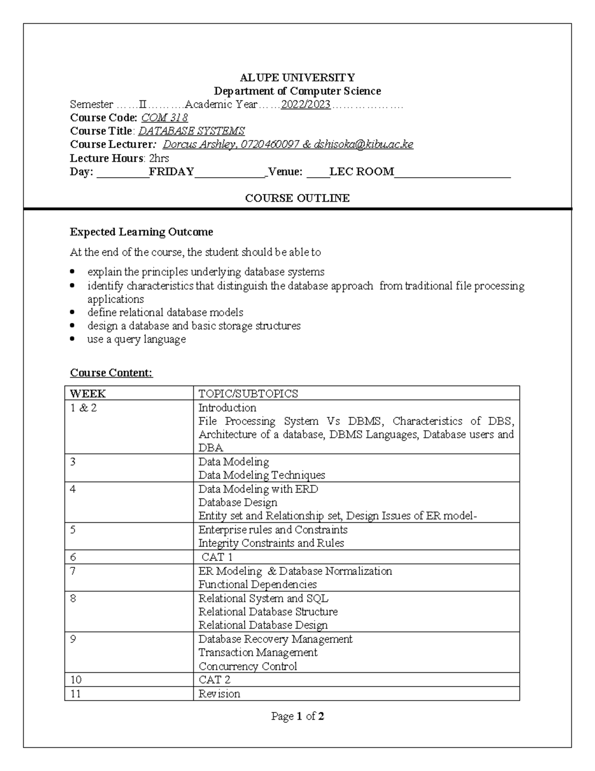 COM 318 Database Systems Course Outline - Semester II 2022/23 - Studocu