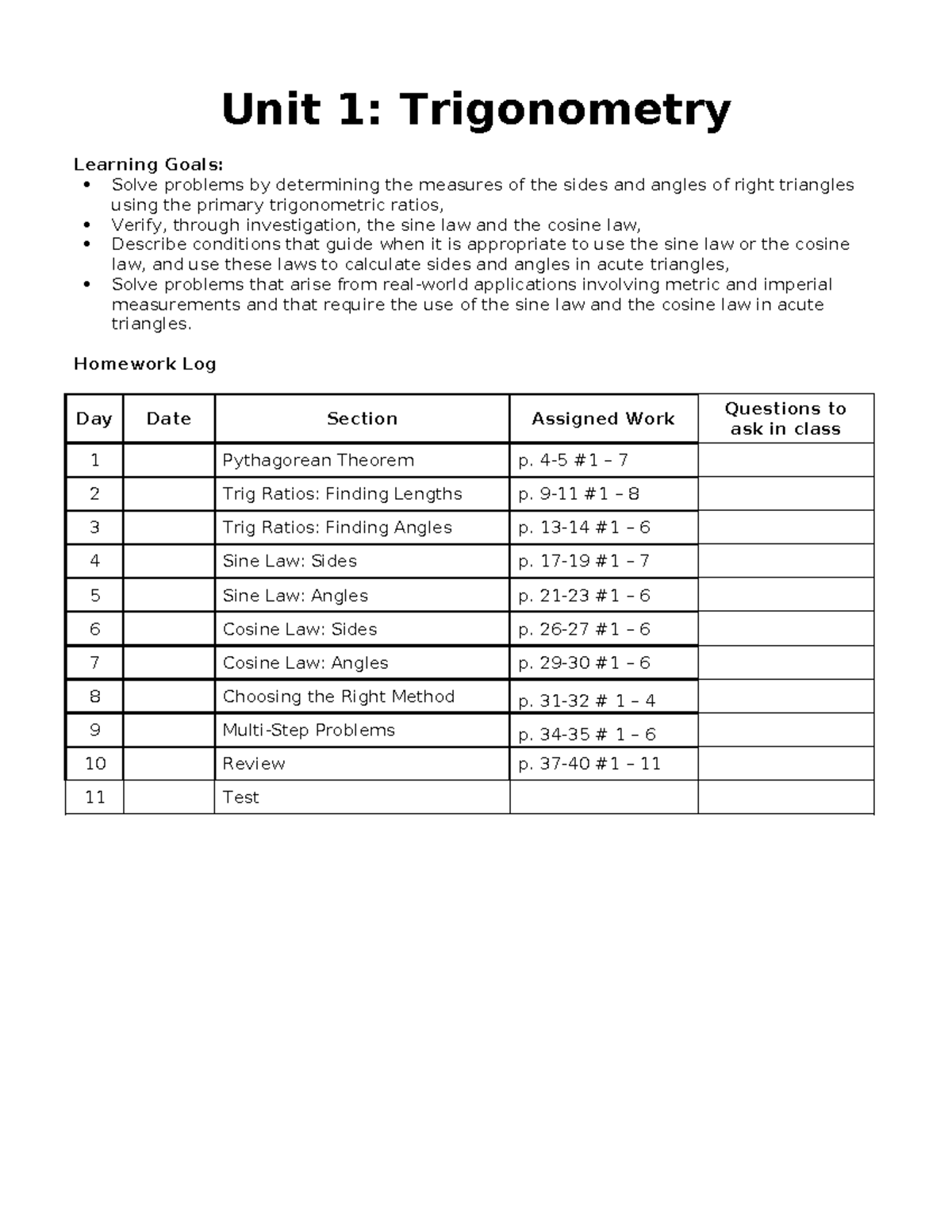 MBF 3C1: Trigonometry Unit 1 Learning Goals and Homework Log - Studocu