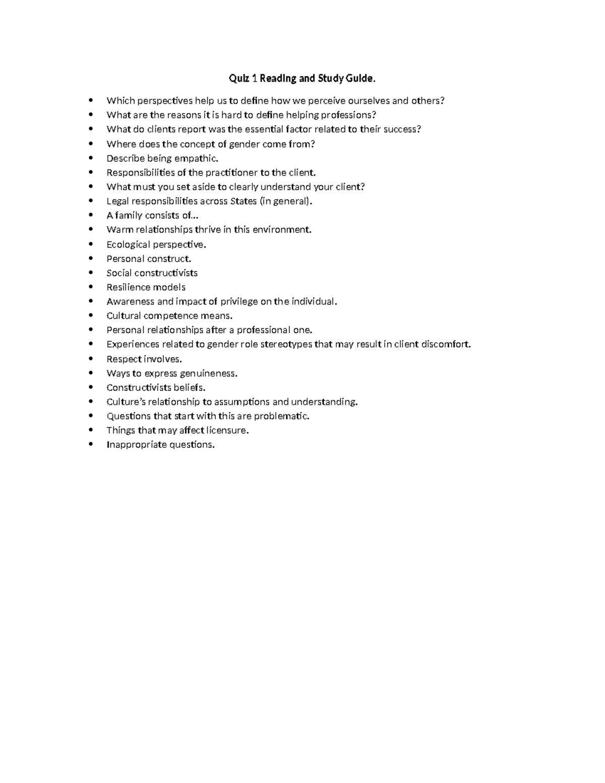 Quiz 1 Study Guide: Perspectives in Helping Professions - Studocu