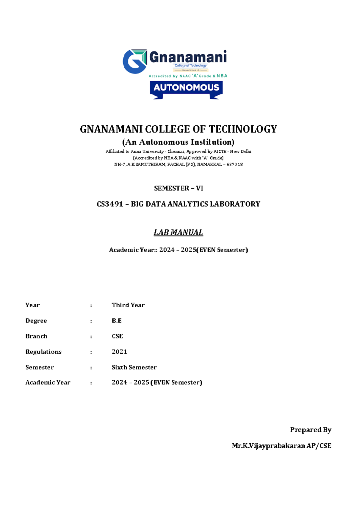 CCS334 Big Data Analytics Lab Manual - Semester VI (2024-2025) - Studocu