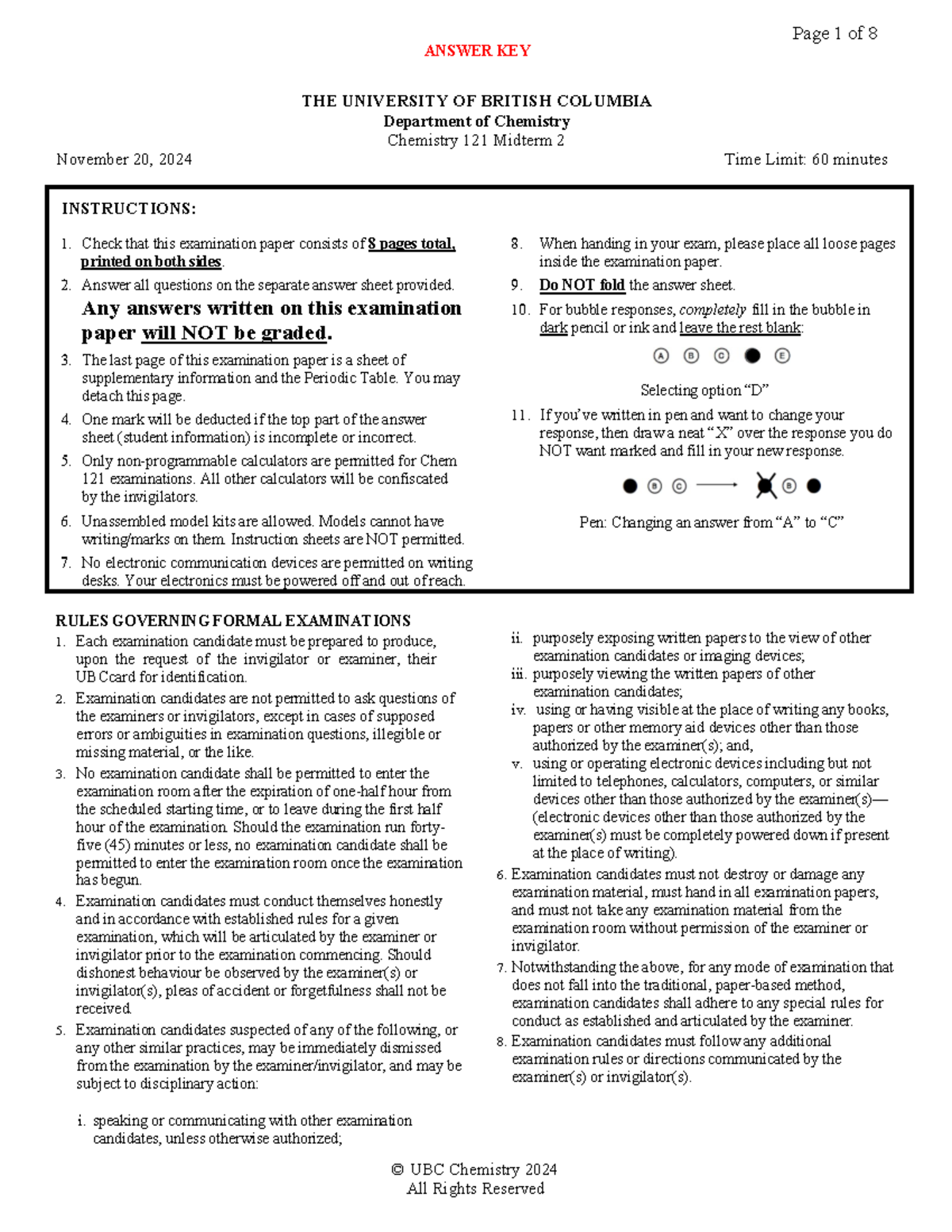 2024W1 CHEM 121 MT2 Answer Key - © UBC Chemistry 202 4 ANSWER KEY THE UNIVERSITY OF BRITISH ...