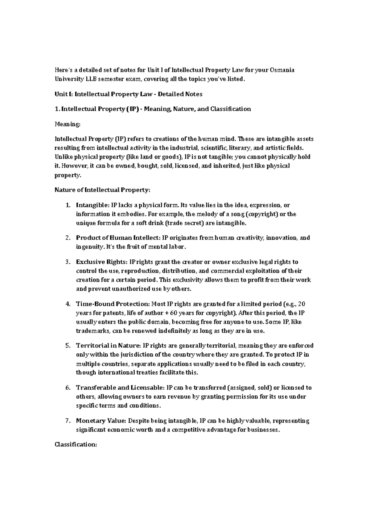 Unit I: Intellectual Property Law Detailed Notes for Osmania University ...