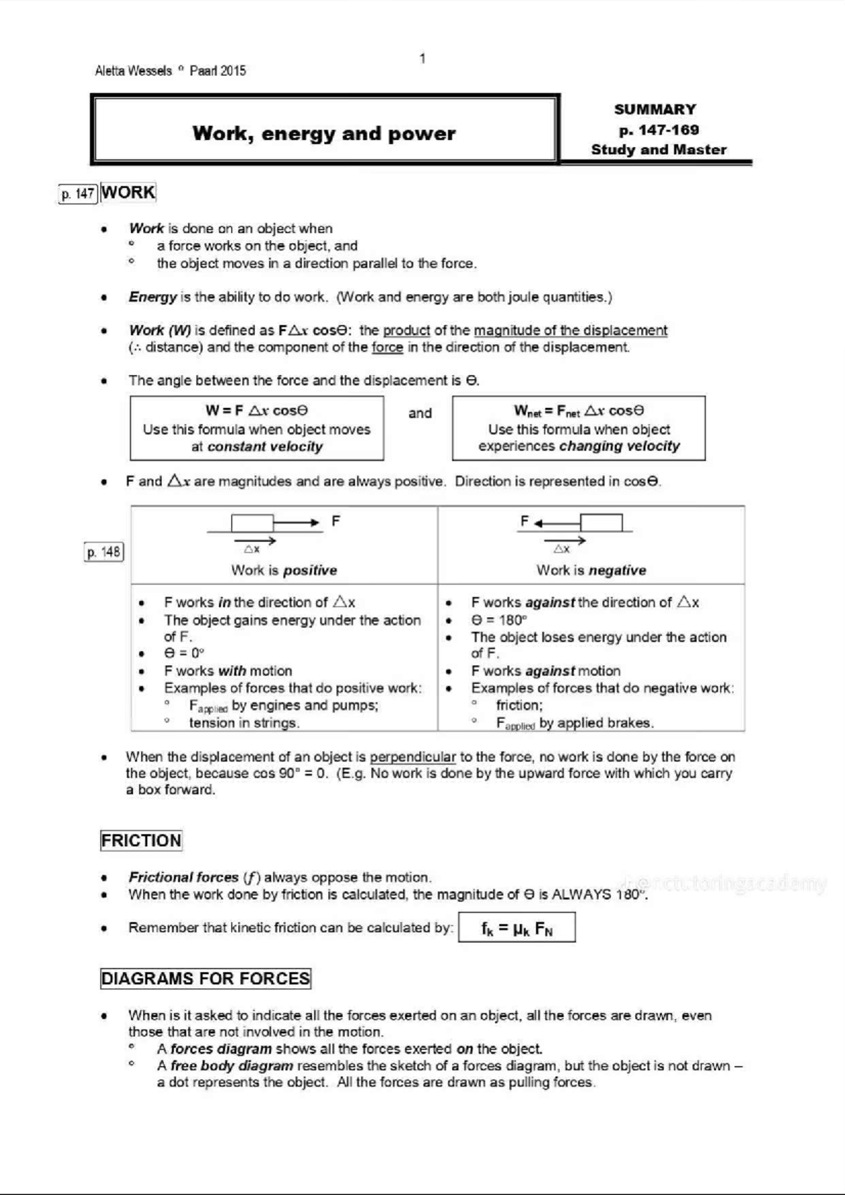 Work, Energy, and Power Notes (Gr 12) - Summary and Key Concepts - Studocu