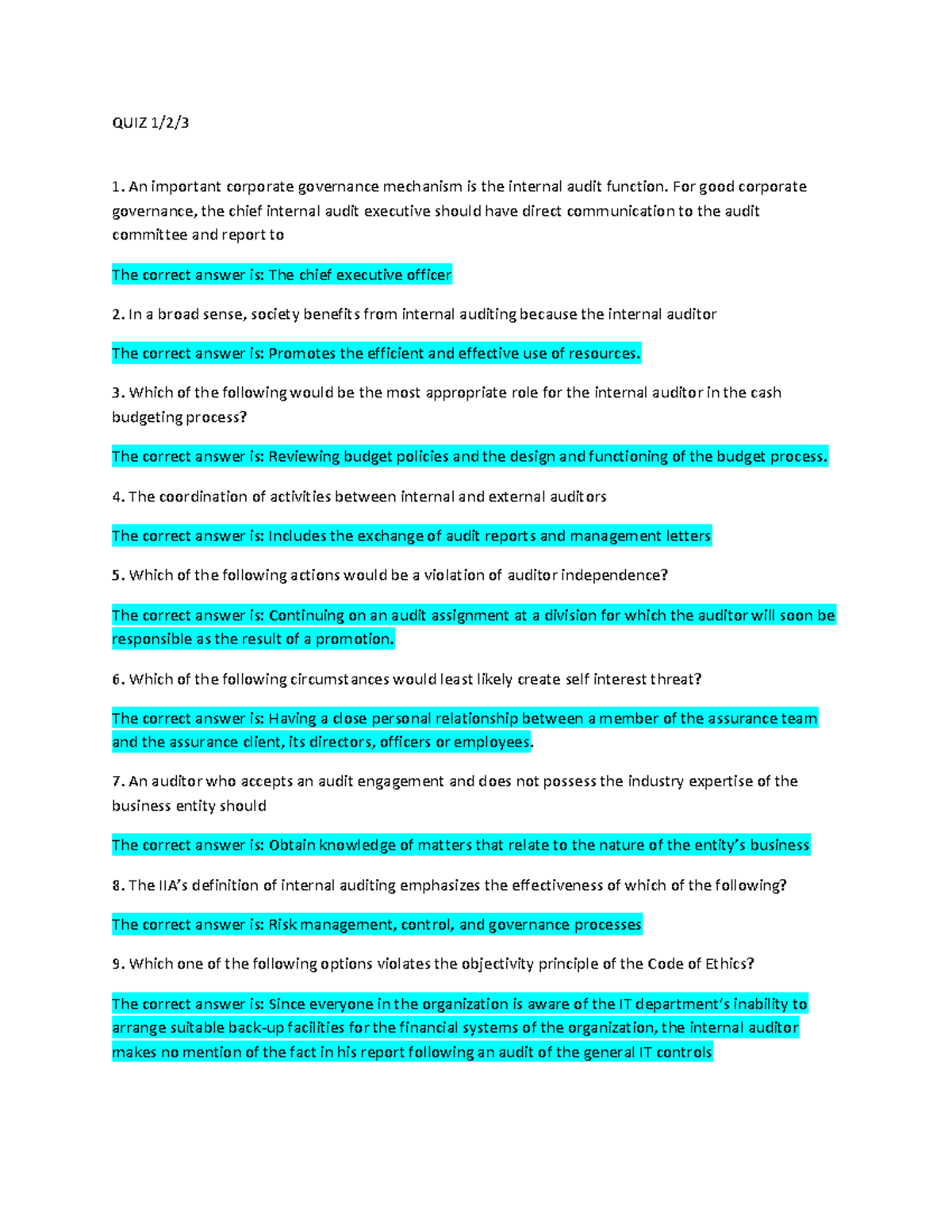 Internal Auditing Review: Key Concepts and Quiz Insights - Studocu