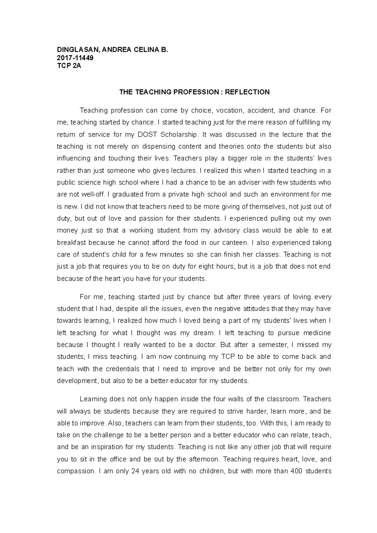 Reflection on The Teaching Profession: TCP 2A Experience Insights - Studocu