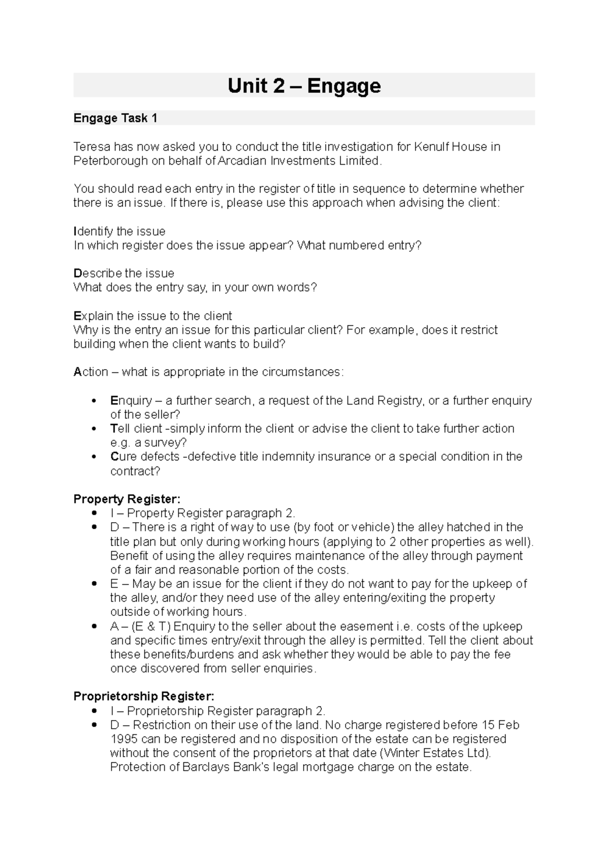 Unit 2 - Engage - Investigation of Title Issues for Kenulf House - Studocu