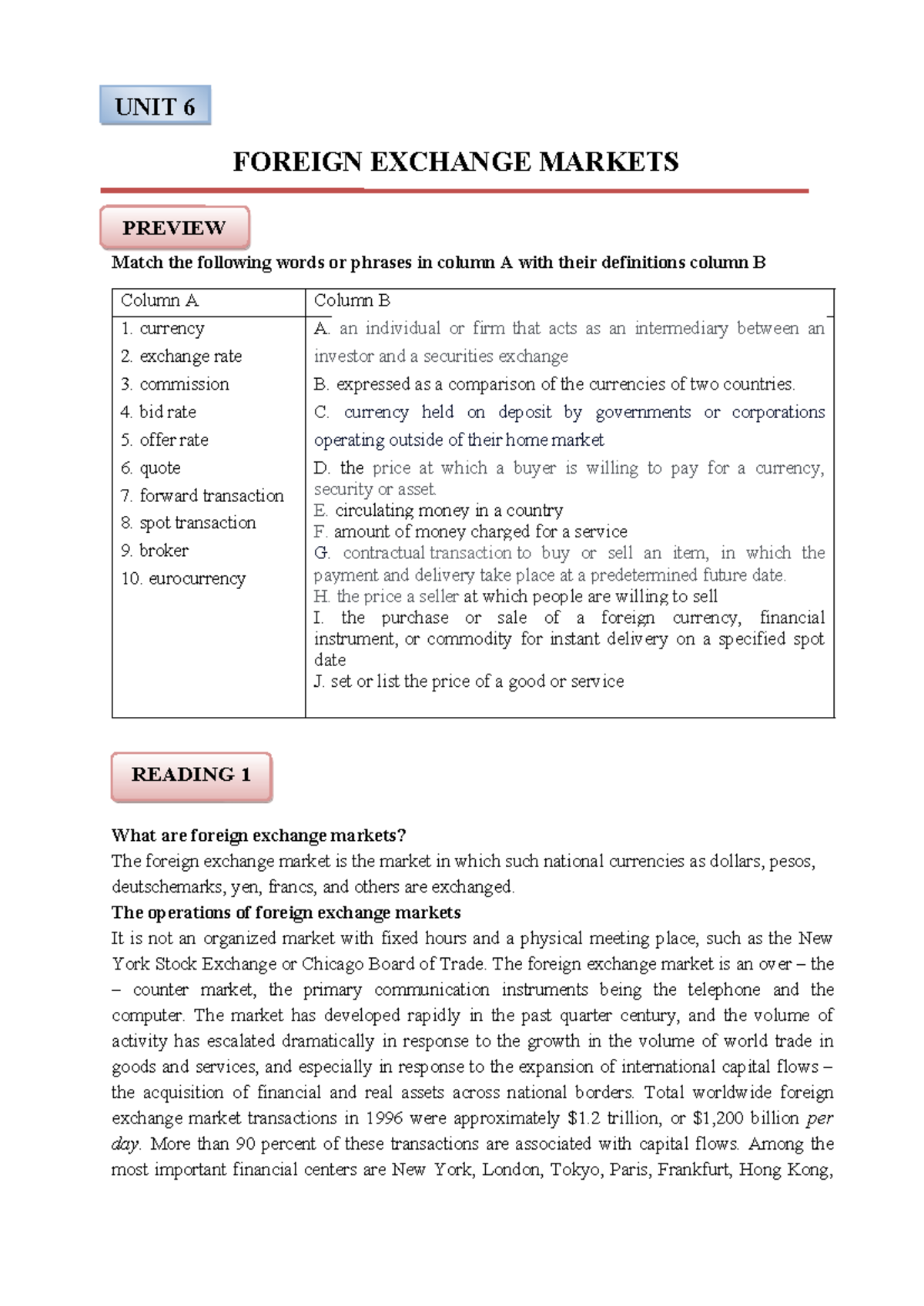 UNIT 6: Overview of Foreign Exchange Markets and Key Concepts - Studocu